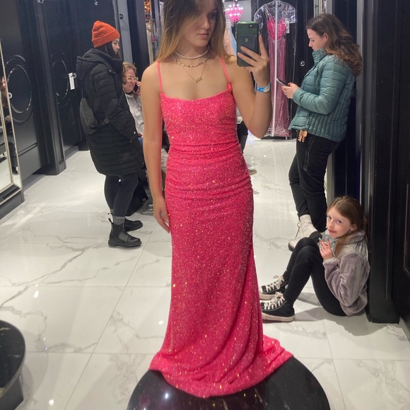 Dresses | Bright Pink Sparkly Body Con Prom Dress With Long Train And ...